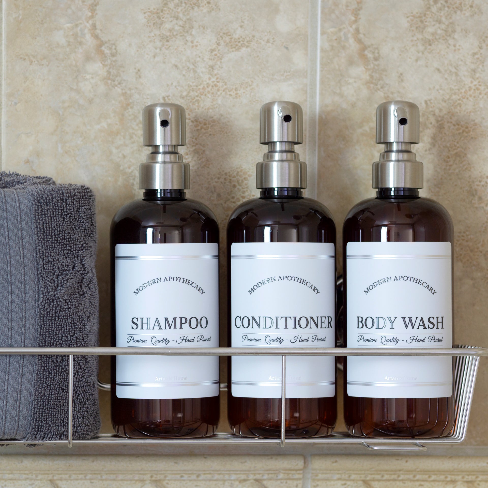 Amber Shower Bottle Trio | Modern & Refillable Design – Artanis Home
