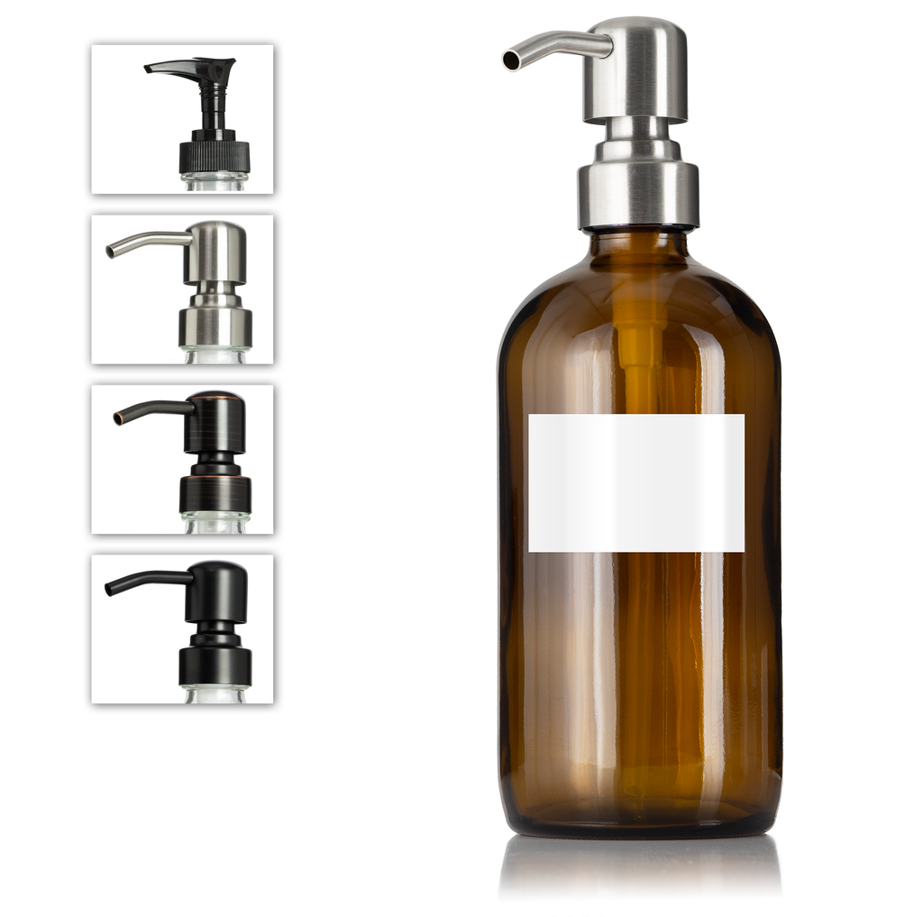 Amber Glass Pump Dispenser with 1.4" B/W Customized Label (16 oz ...
